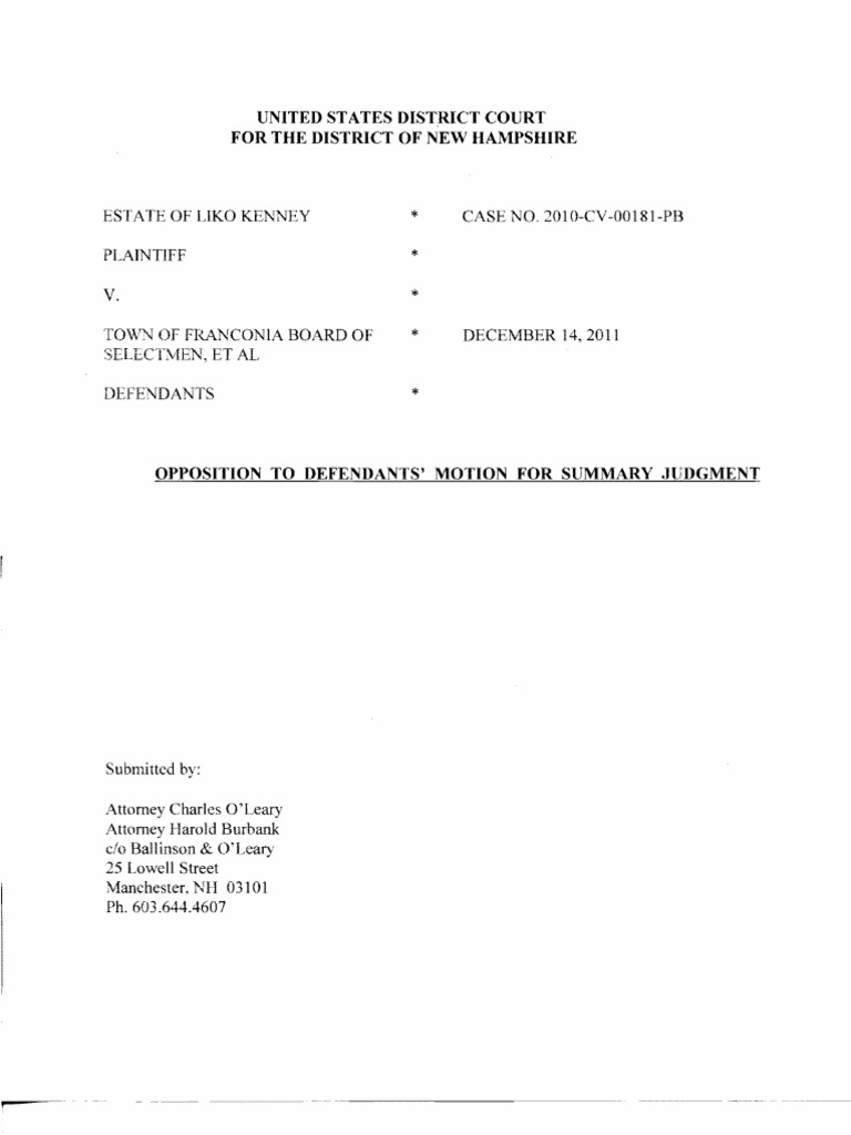 Liko Kenney v. Franconia, Bruce McKay, Greg Floyd Et Al. Memorandum in ...