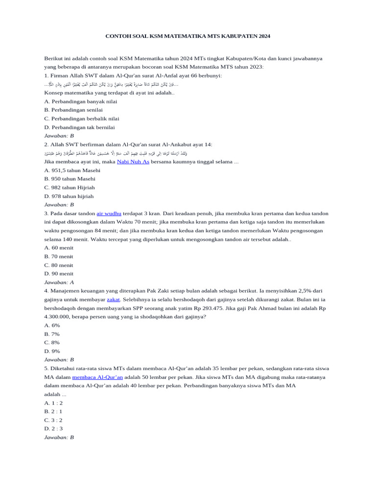 Contoh Soal KSM Matematika MTS Kabupaten 2024 | PDF
