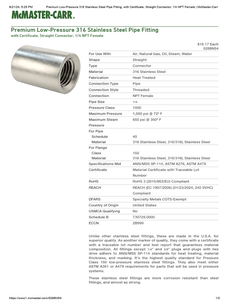 Premium Low-Pressure 316 Stainless Steel Pipe Fitting, With Certificate ...