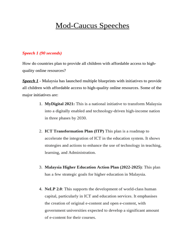 Diplomathon Dubai Malaysia Mod-Caucus Speeches | PDF