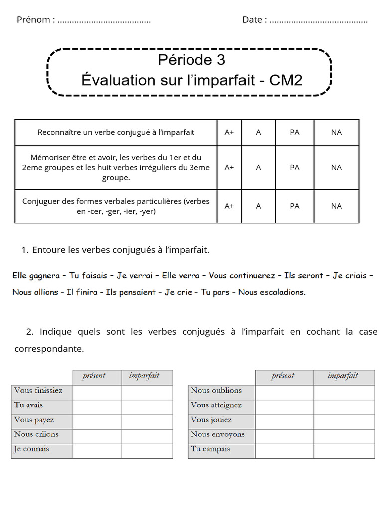 Eval Imparfait CM2 | PDF