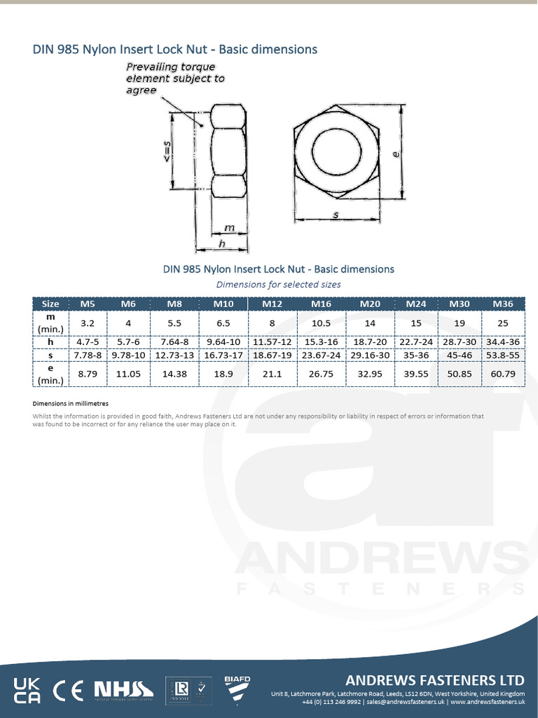 DIN 985 Nylon Insert Lock Nut - Basic Dimensions | PDF