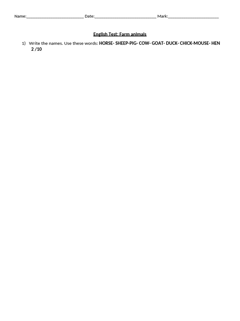 EVALUACION 5to - EP 29 - Farm Animals | PDF