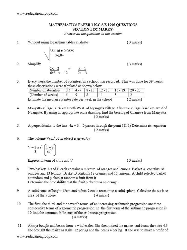 KCSE Mathematics Questions 1995 2012 | PDF