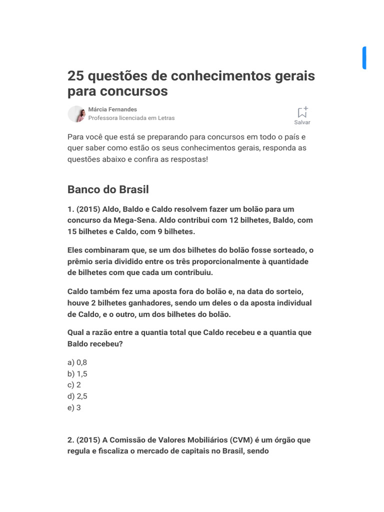 25 Questões de Conhecimentos Gerais para Concursos | PDF