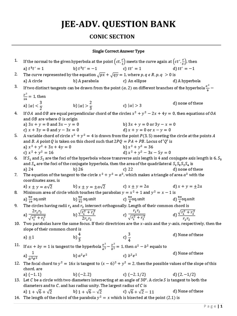 Jee-Adv Conic Section Question Bank | PDF