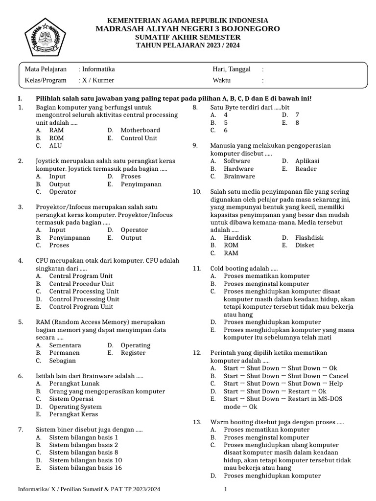 Soal Sumatif & Pat Tik KLS X 2024 | PDF