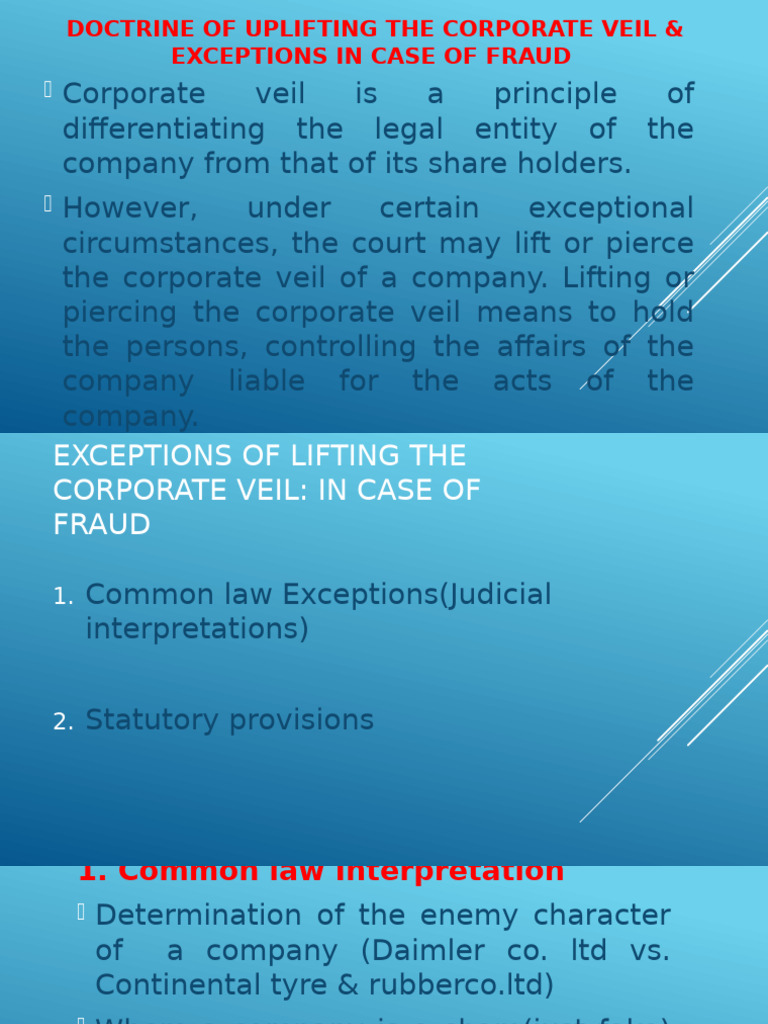 Doctrine of Uplifting The Corporate Veil & Exceptions | PDF