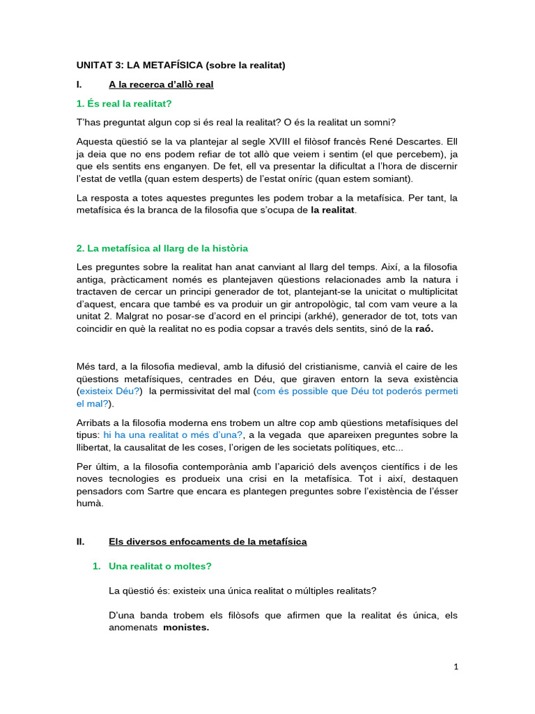 Unitat 3 La Metafisica | PDF