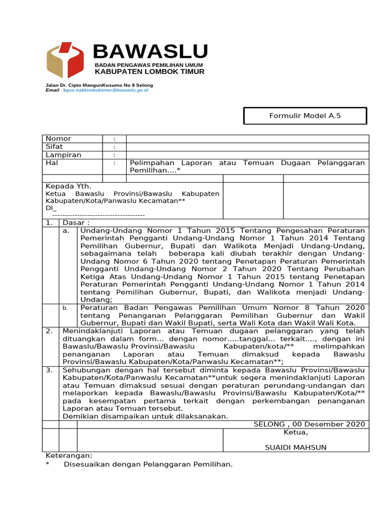 Form.a. 5 (Pelimpahan Laporan Atau Temuan Dugaan | PDF