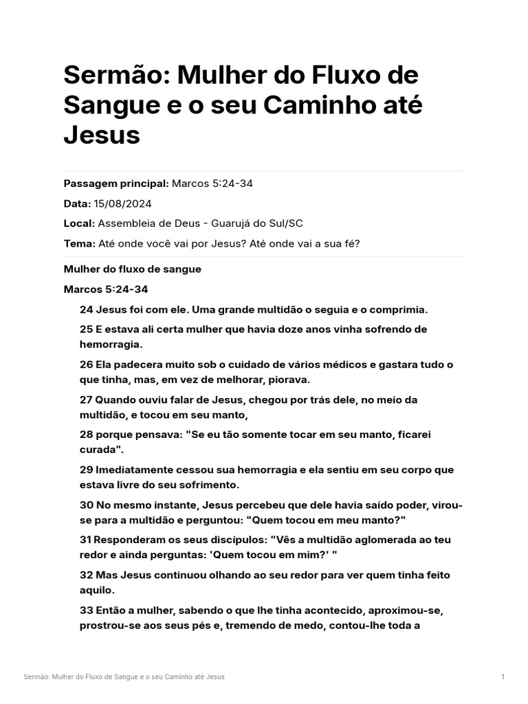 Sermo Mulher Do Fluxo de Sangue e o Seu Caminho at Jesus | PDF