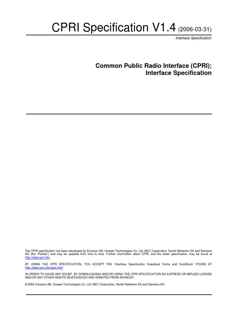 CPRI Specification V 1 4 | PDF | Bit Rate | Osi Model