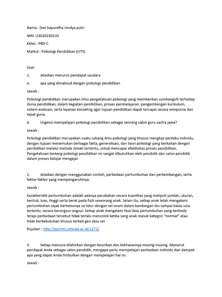 UTS Psikologi Pendidikan | PDF | Karier & Perkembangan | Sains & Matematika