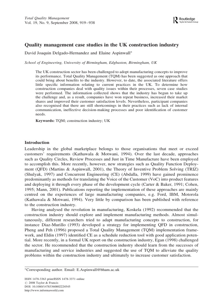 UK Construction Quality Management Case Studies | PDF | Iso 9000 | Quality Management