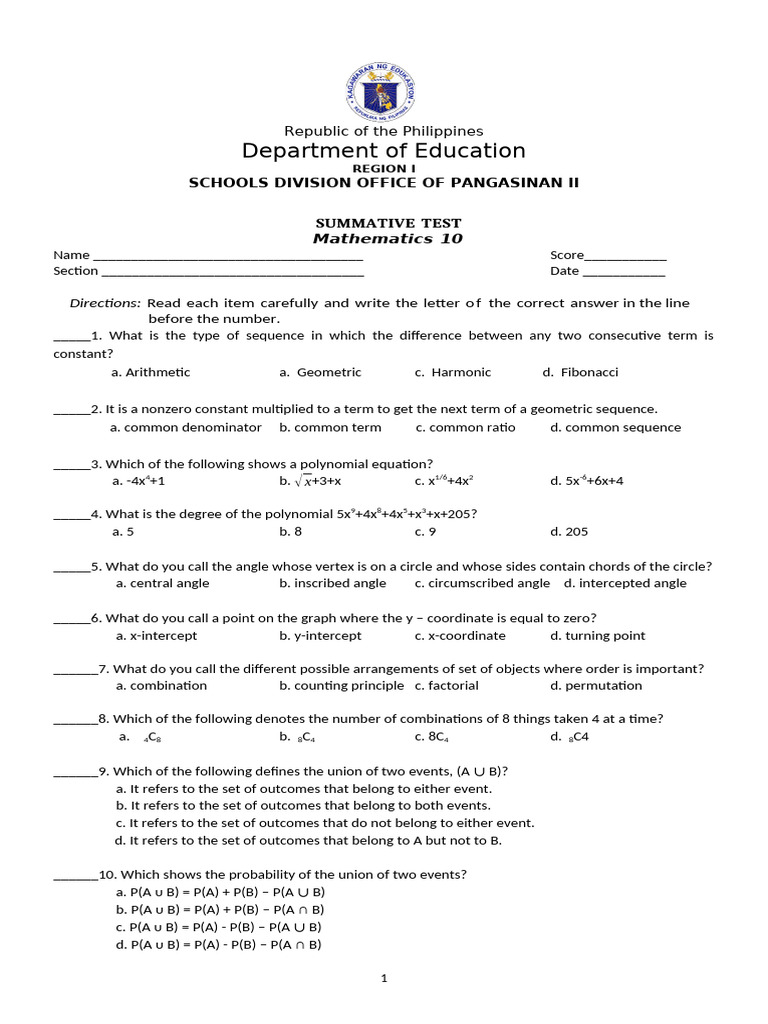 Math 10 - Division Summative Test 2023 | PDF | Circle | Angle
