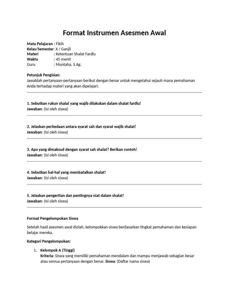 3 Contoh Instrumen Asesmen Awal Dan Diferensiasi | PDF