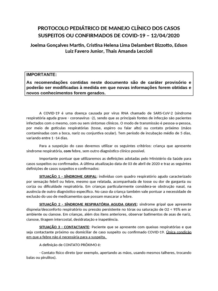 Protocolo Completo Covid Pediatrico Atualizado Em 16 de Abril 2020 (1) | PDF