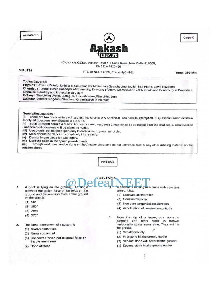 FTS - 01 (Code - C) (Phase - 02) @aakash - Test - Papers - 2023 | PDF
