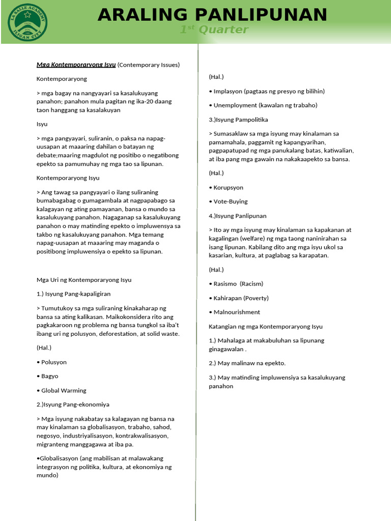 Araling Panlipunan, Kontemporaryong Isyu (Mga Katangian at Uri) at Iba't Ibang Ahensya. | PDF