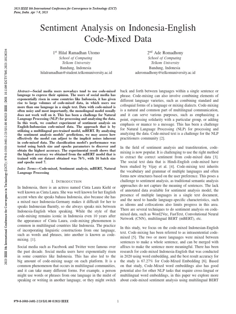 Sentiment Analysis On Indonesia English Code Mixed Data Pdf