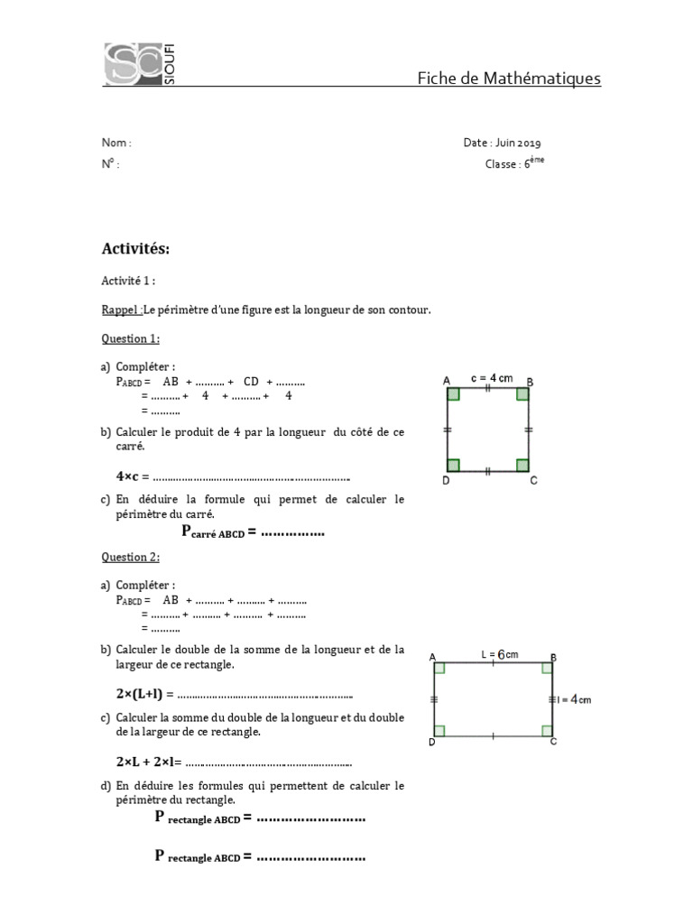 19math6e - Fiche - Perimetre Aire Et Volume | PDF