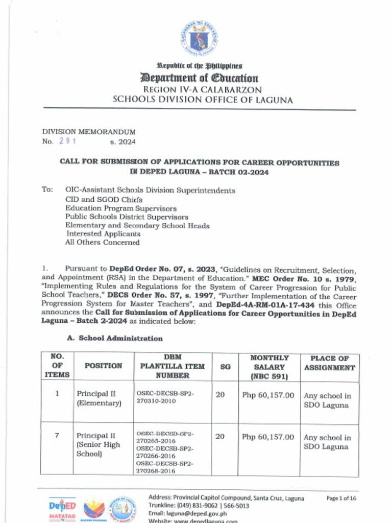 DM291s2024 CALL FOR SUBMISSION OF APPLICATIONS FOR CAREER OPPORTUNITIES IN DEPED LAGUNA BATCH 02 ...