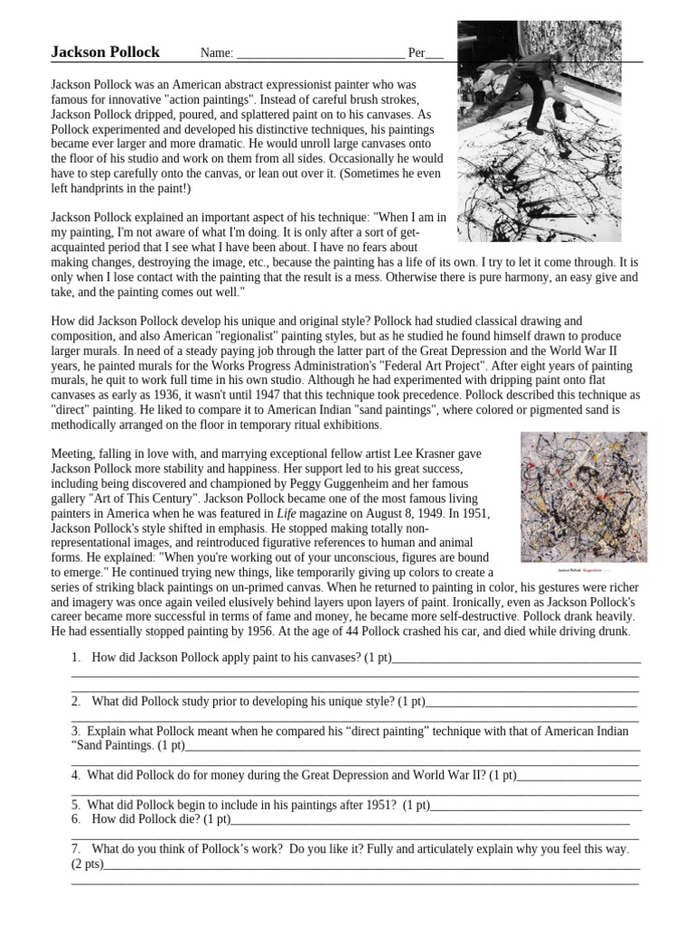 Jackson Pollock Worksheet - Regan Rev 2011 | PDF | Paintings | Classics