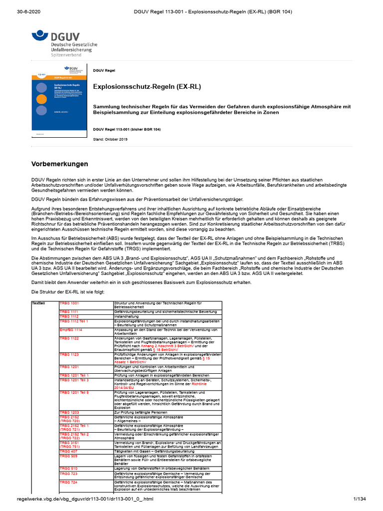 DGUV Regel 113-001 - Explosionsschutz-Regeln (EX-RL) (BGR 104) | PDF