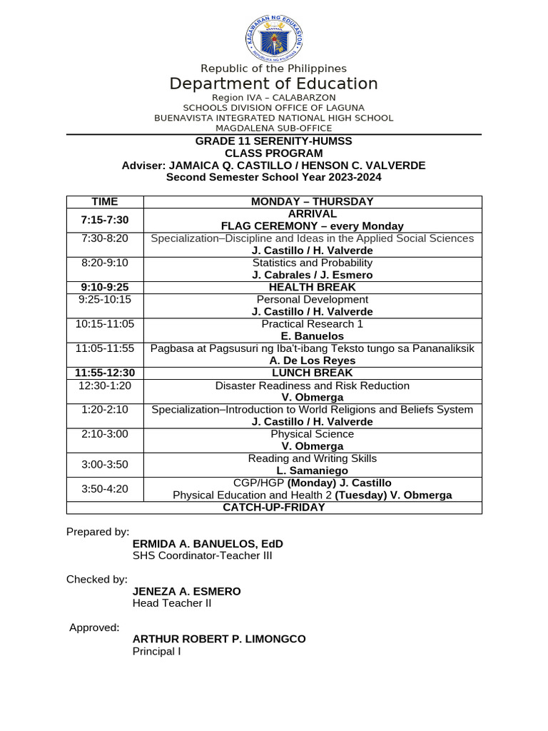 2023 2024 Second Sem GRADE 11 CLASS SCHED | PDF