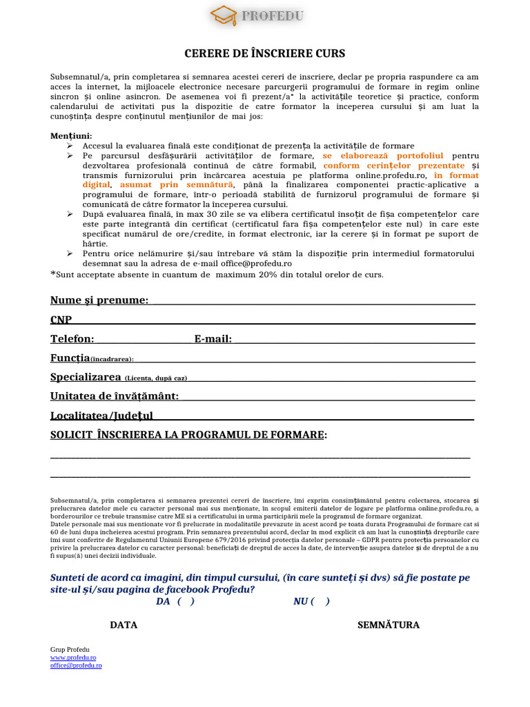 Cerere Inscriere Curs 2023 | PDF
