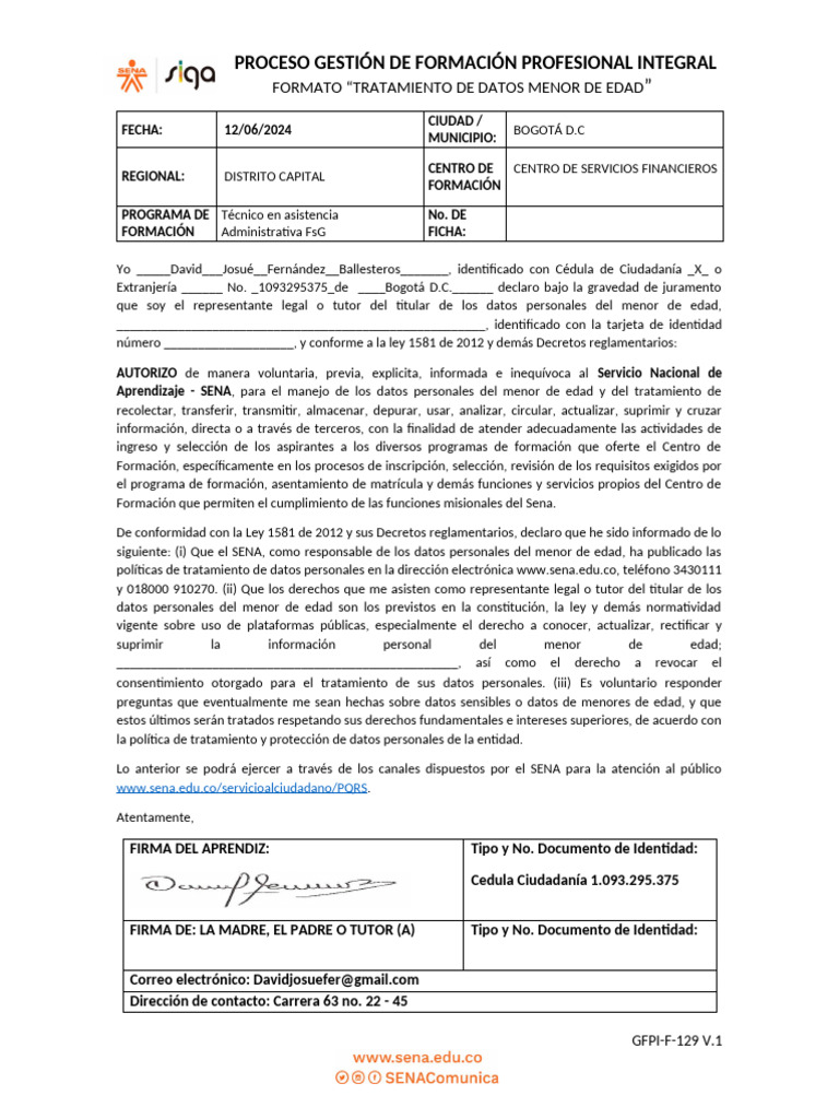 GFPI-F-129 Formato Tratamiento de Datos Menor de Edad | PDF
