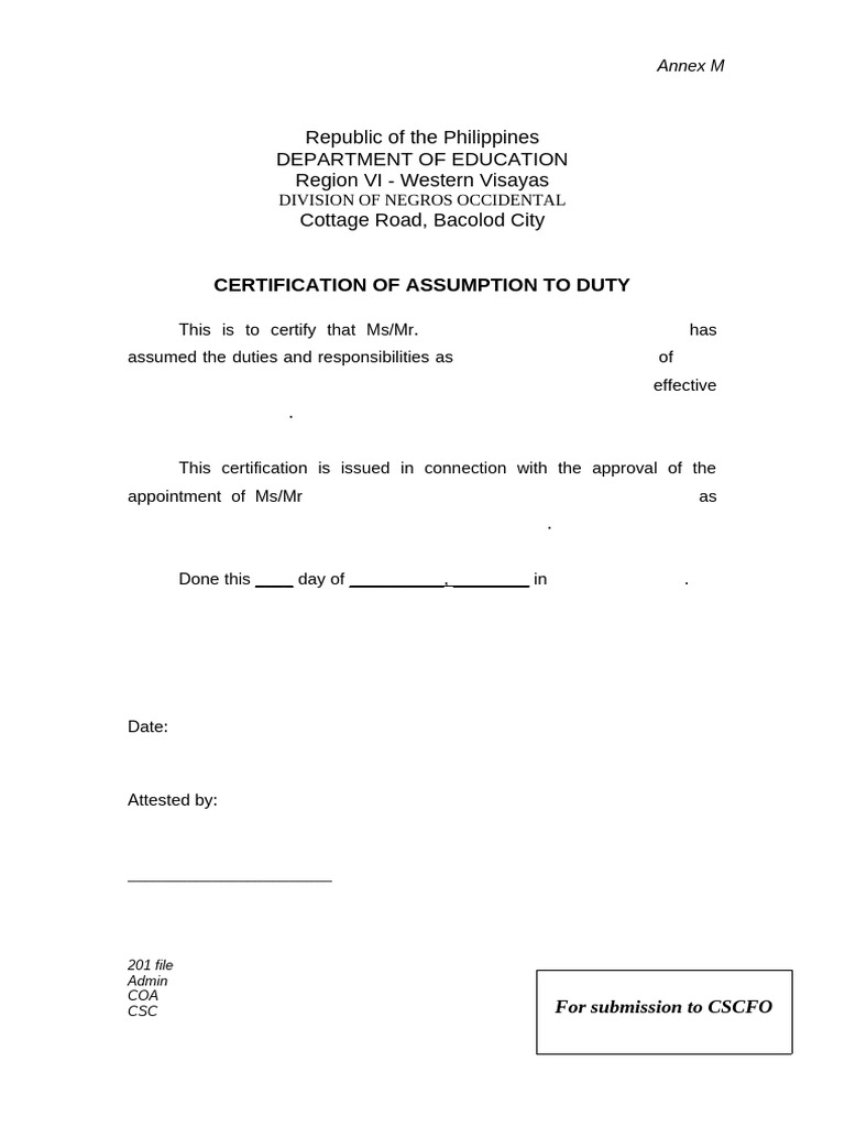 Annex M Certification of Assumption To Duty | PDF
