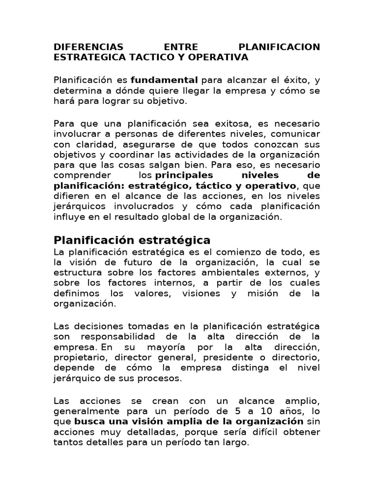 Diferencias Entre Plan Estrategico Tactico y Operativo | PDF