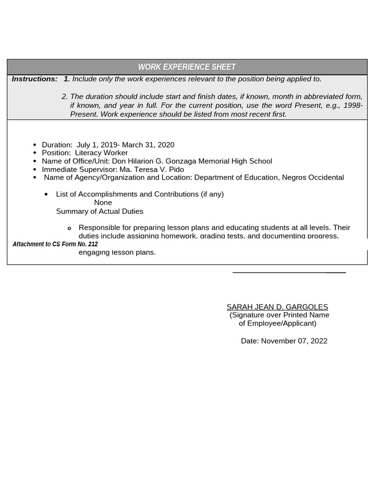 Work Experience Sheet | PDF