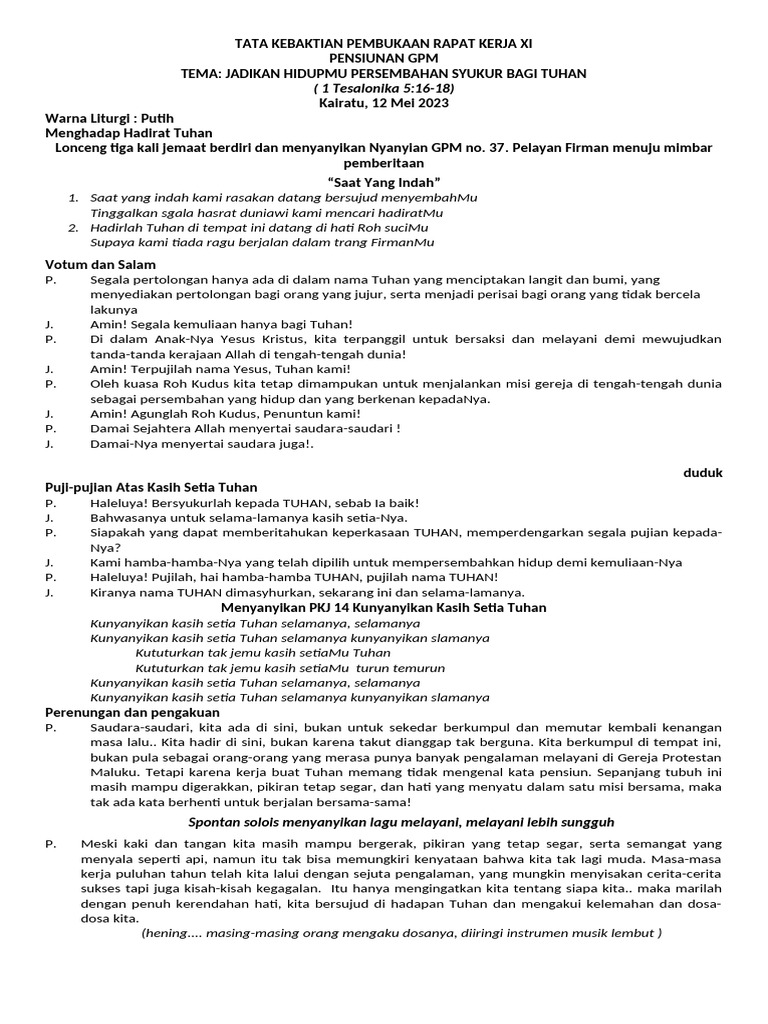 Tata Kebaktian Pembukaan Rapat Kerja Xi | PDF
