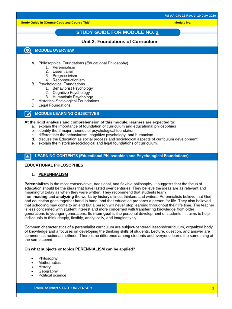 Study Guide For Module No. 2: Unit 2: Foundations of Curriculum | PDF