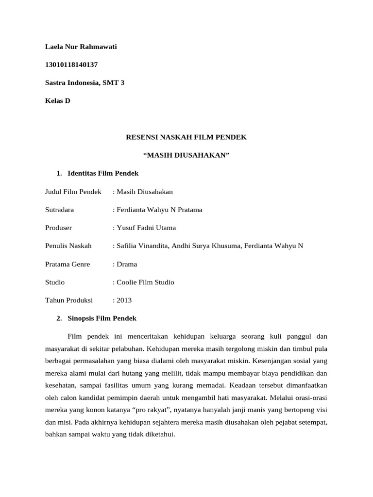 Resensi Naskah Film Pendek Masih Diusahakan | PDF