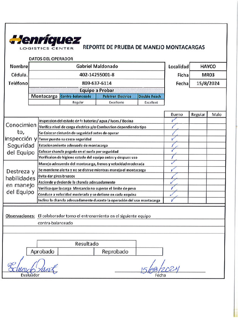 REPORTE DE PRUEBA DE MANEJO PARA MONTACARGA | PDF