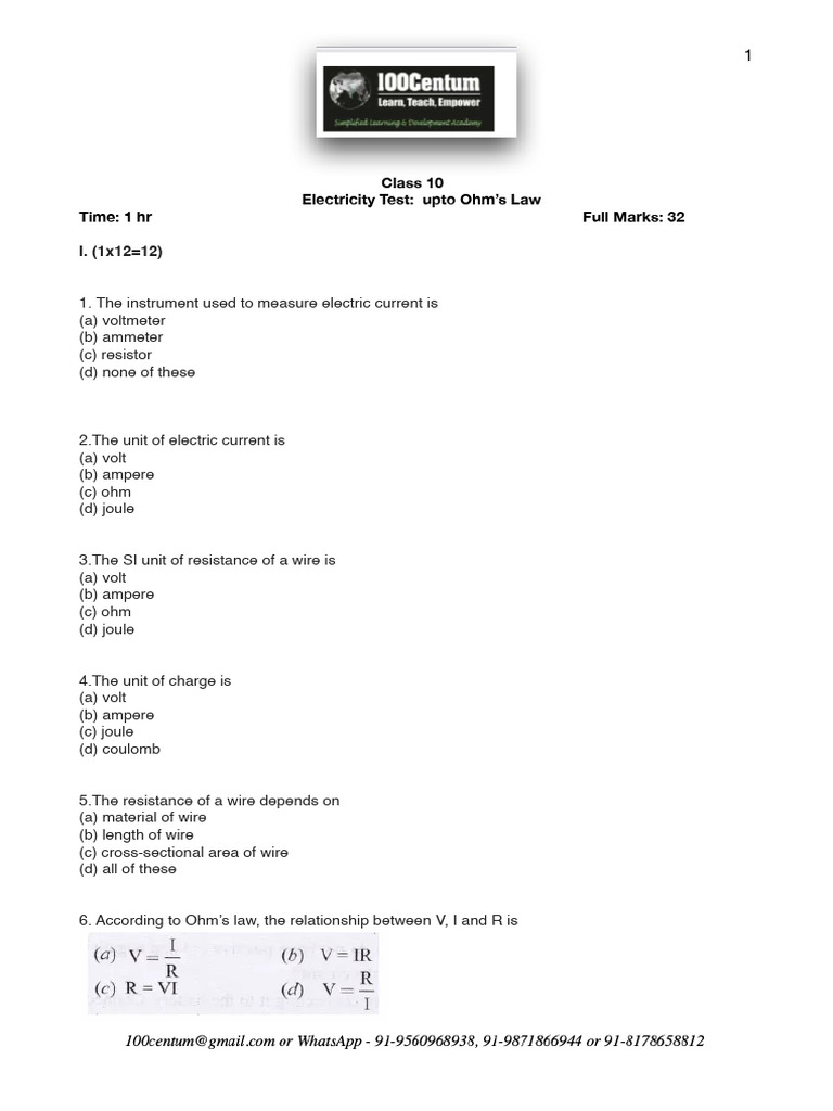 Class 10 (22) Electricity Ohms Law Test | PDF