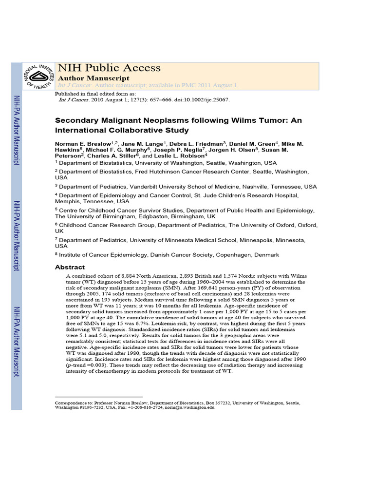 Secondary Malignant Neoplasms Following Wilms Tumor - An International ...