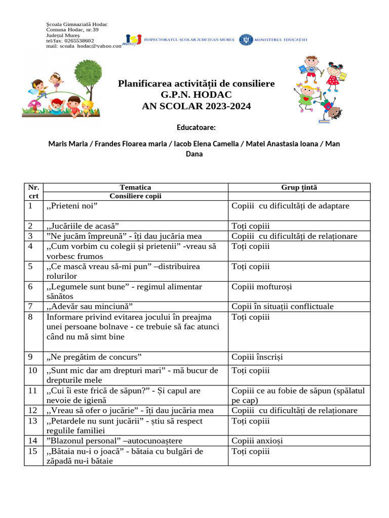 Planificarea Activității de Consiliere COPII | PDF