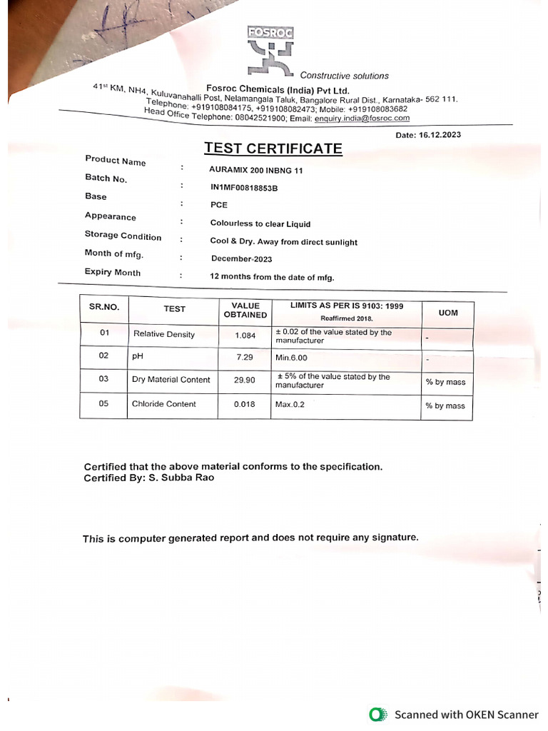 Admixture MTC Fosroc Auramix 200 | PDF