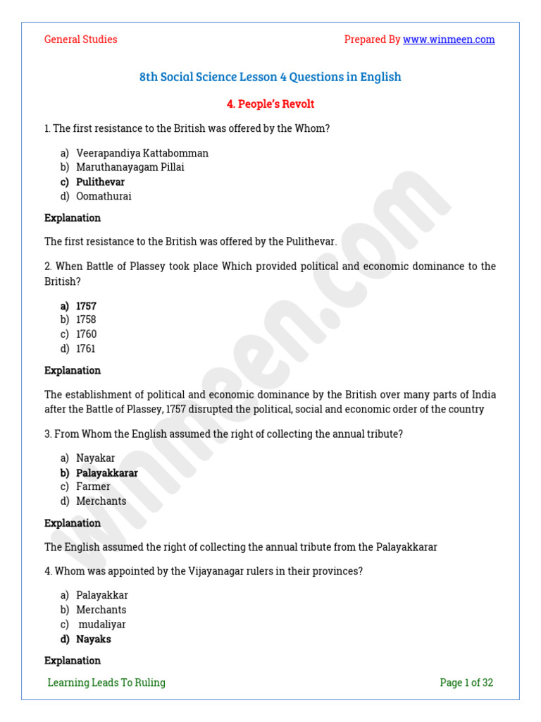 8th Social Science Lesson 4 Questions in English | PDF