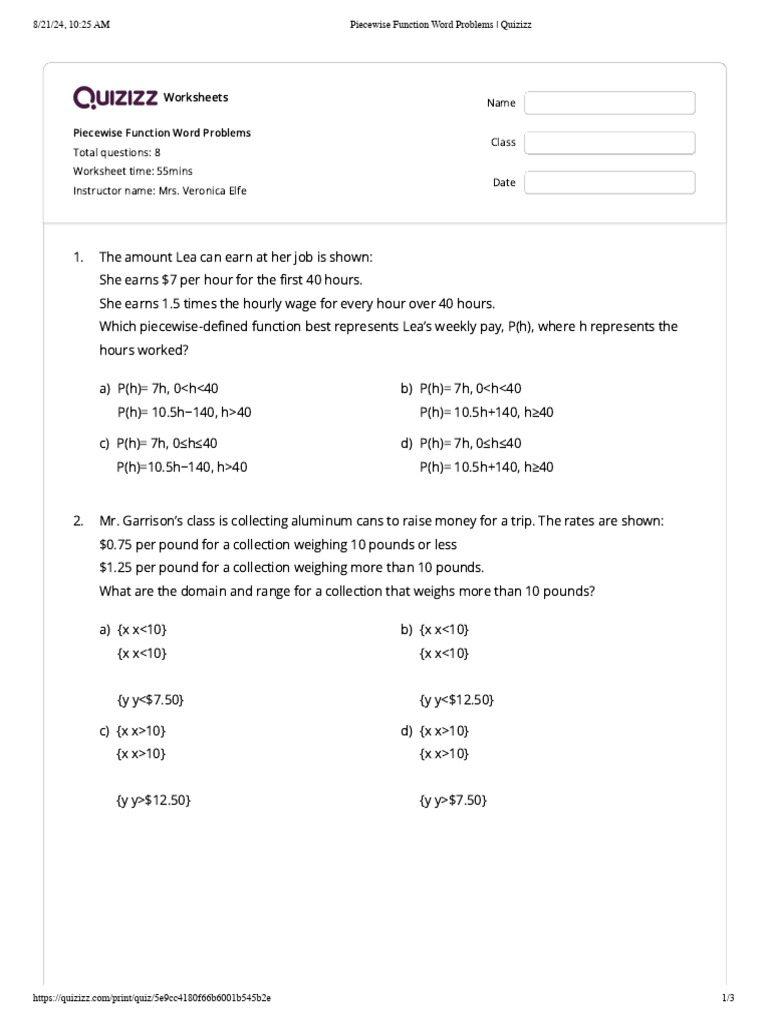 Piecewise Function Word Problems - Quizizz | PDF