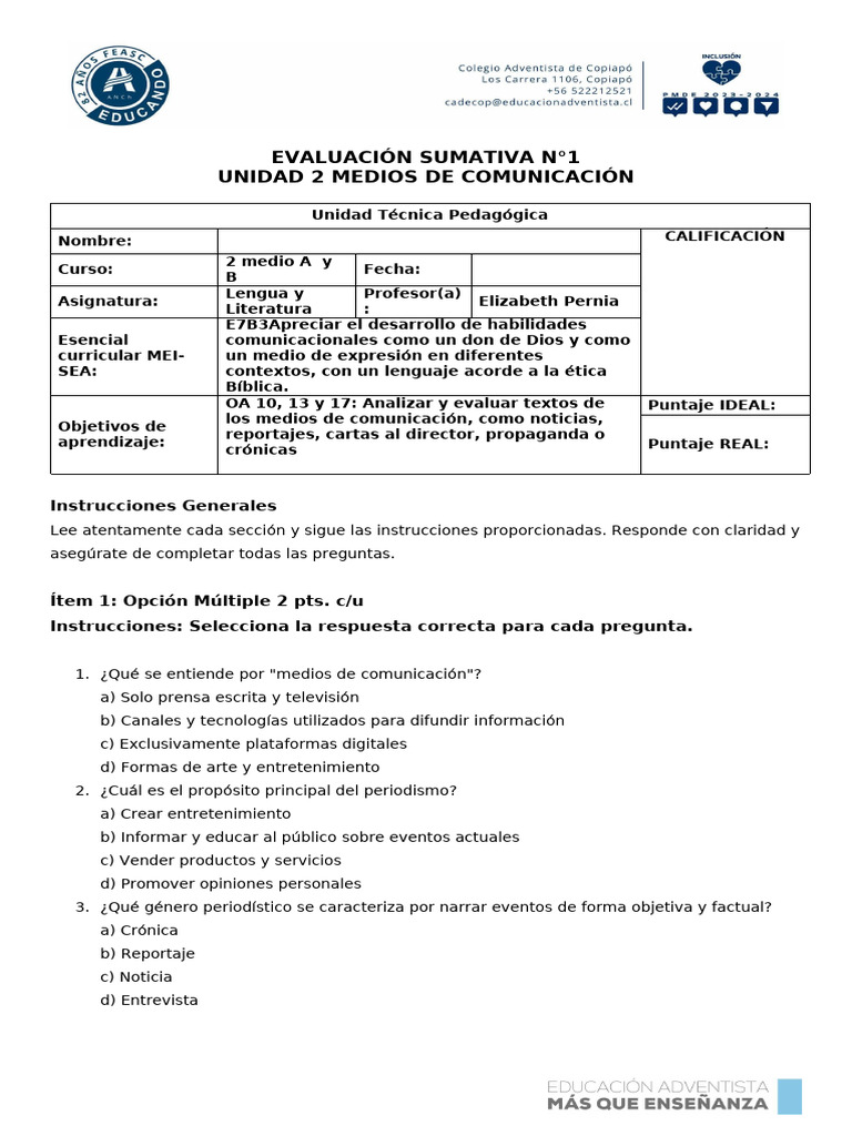 2do Medio Evaluación Sumativa 2do Unidad Medios de Comunicacion | PDF