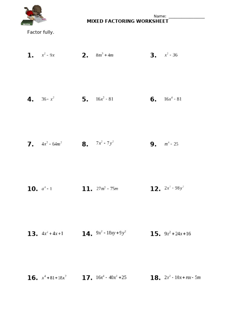 Mixed Factoring Worksheet | PDF