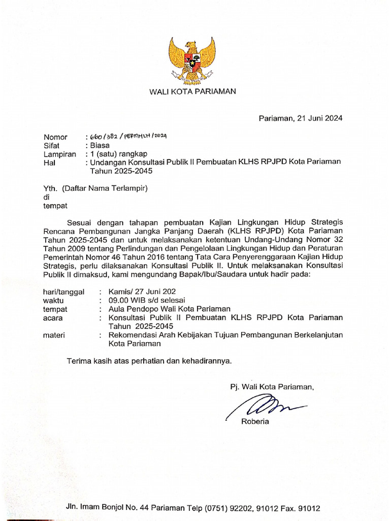 Undangan Konsultasi Publik II Pembuatan KLHS RPJPD Kota Pariaman | PDF
