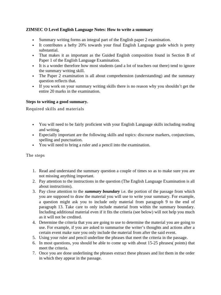 ZIMSEC O Level English Summary | PDF