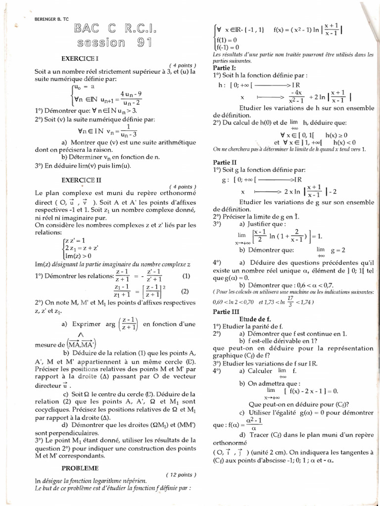 Bac C 1991 Maths Rci | PDF