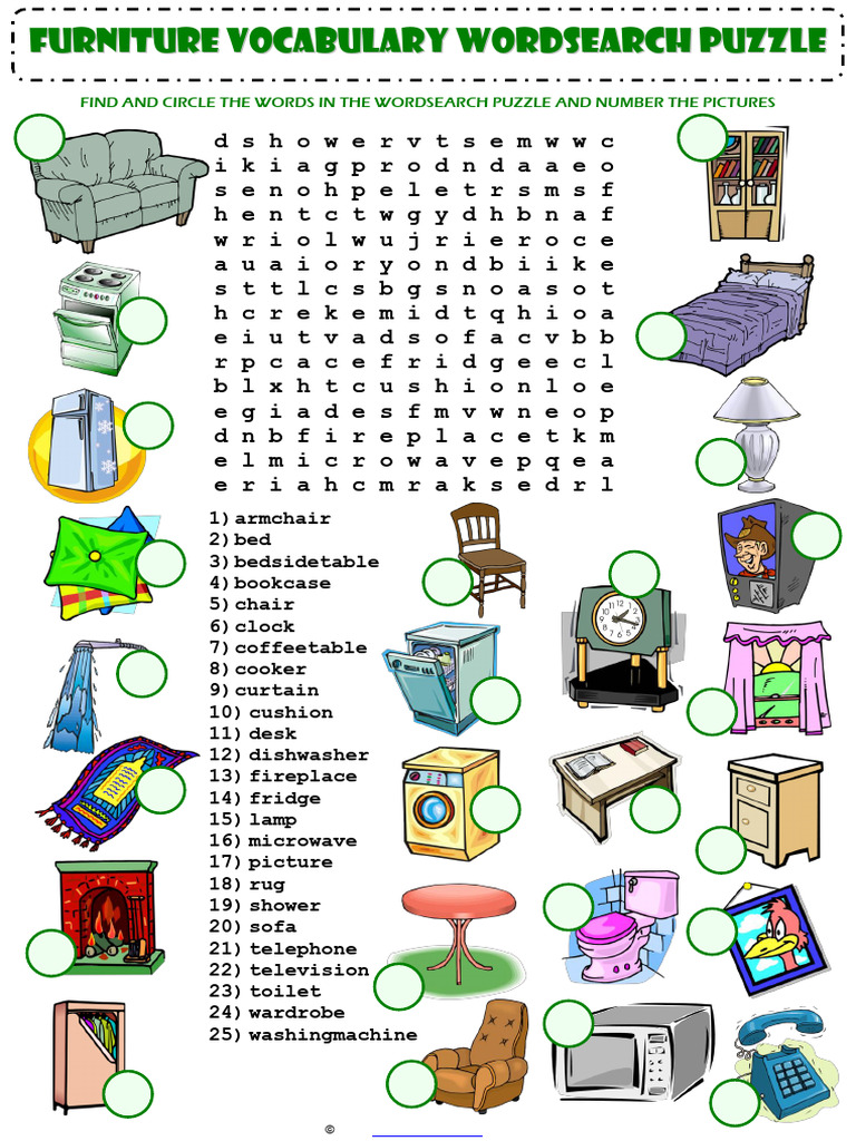 In My House Furniture Vocabulary Wordsearch Puzzle Worksheet | PDF
